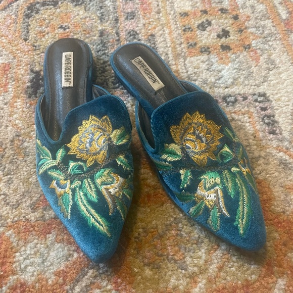 Shoes | Floral Embroidered Velvet Slip On Mule Loafer Blue Yellow ...